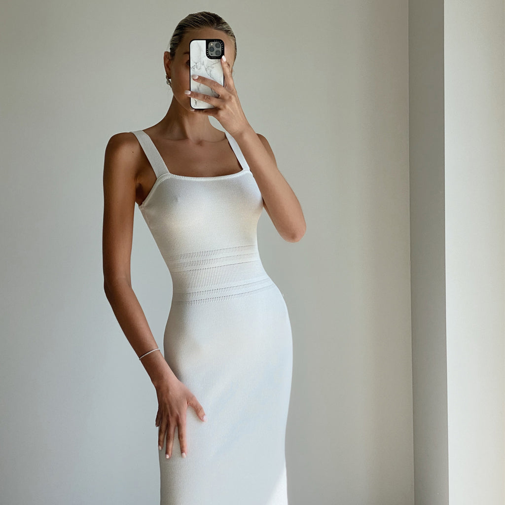 FREJA Ivory Wide Strap Bodycon Knit Midi Dress – Matea Designs