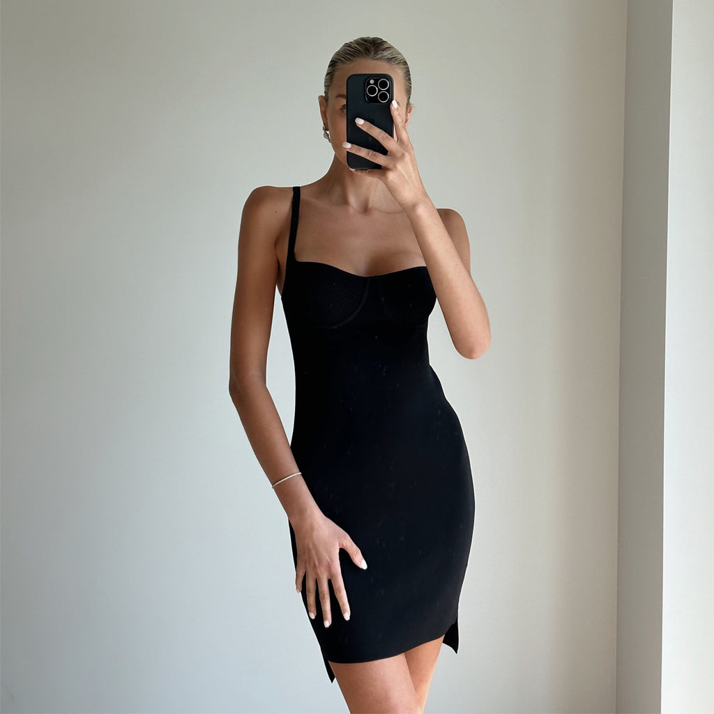 JARA Black Strappy Bodycon Knit Mini Dress – Matea Designs