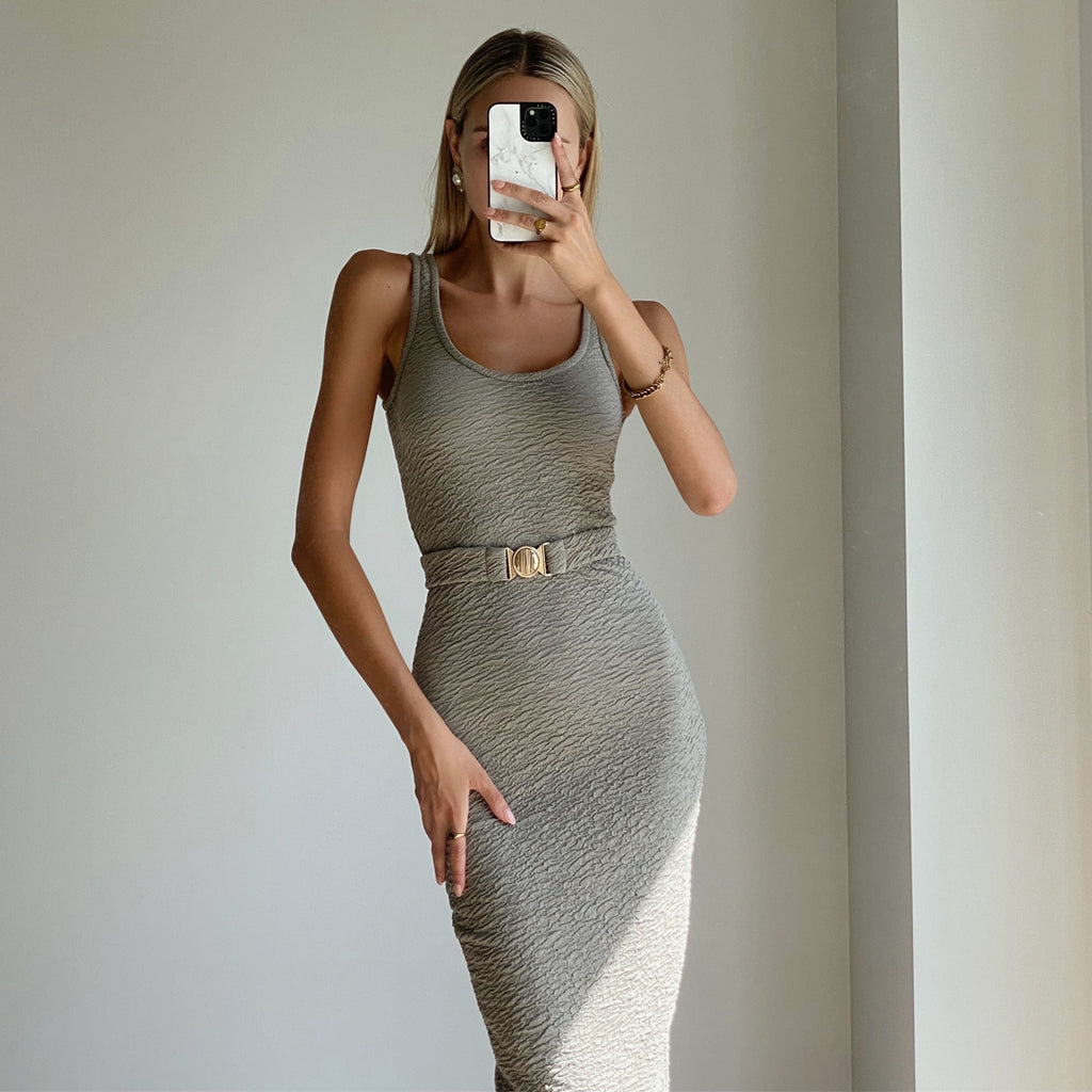 AINE Khaki Sleeveless Bodycon Midi Dress – Matea Designs