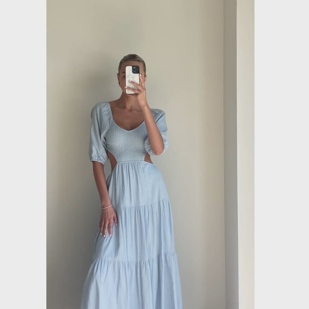 NOVA Baby Blue Puff Sleeve Flowy Open Back Maxi Dress – Matea Designs